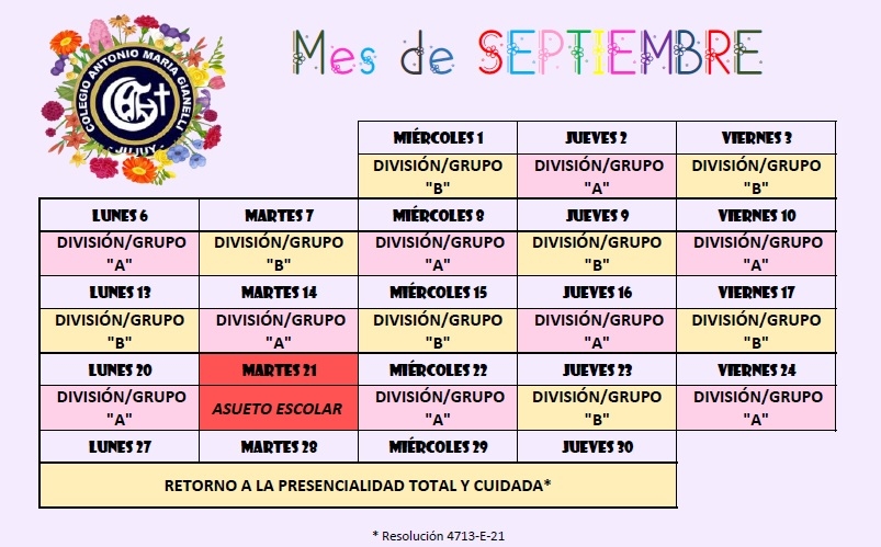 CRONOGRAMA MES DE SEPTIEMBRE - NIVEL INICIAL Y PRIMARIO